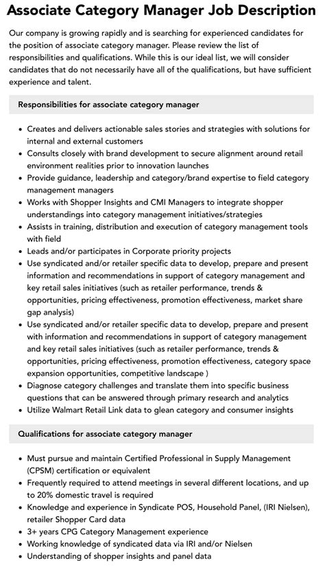 Associate Category Manager Job Description Velvet Jobs