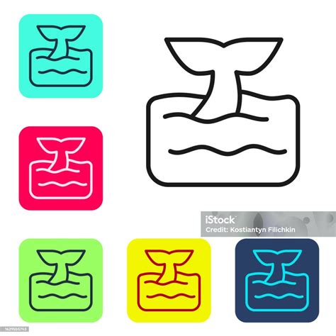 검은 선 고래 꼬리는 흰색 배경에 분리된 바다 파도 아이콘에 있습니다 색상 사각형 버튼으로 아이콘을 설정합니다 벡터 3차원 형태에 대한 스톡 벡터 아트 및 기타 이미지