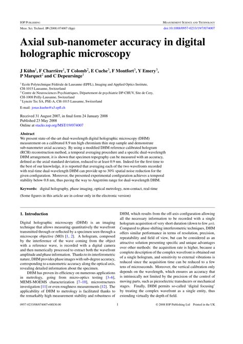 Pdf Axial Sub Nanometer Accuracy In Digital Holographic Microscopy