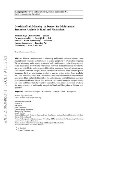 Pdf Dravidianmultimodality A Dataset For Multi Modal Sentiment Analysis In Tamil And Malayalam