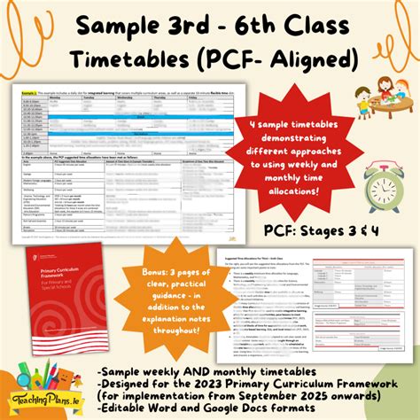 Sample Third Sixth Class Timetable Bundle Primary Curriculum Framework Aligned Teaching