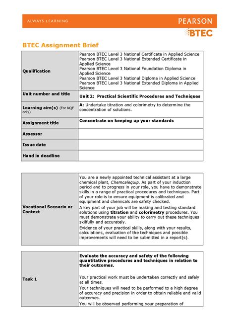 Btec Assignment Brief Exercises Chemistry Docsity