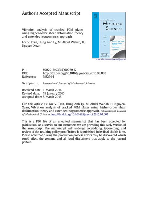 Pdf Vibration Analysis Of Cracked Fgm Plates Using Higher Order Shear Deformation Theory And