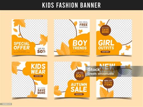 가을 단풍 그림과 아이 패션 판매 광장 배너 템플릿입니다 소셜 미디어 게시물 웹 배너 및 전단지용 홍보 용 배너 가을에 대한 스톡 벡터 아트 및 기타 이미지 Istock