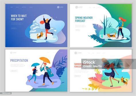 일기 예보를 위한 방문 페이지 템플릿입니다 다양한 기상 조건에서 계절의 옷을 입고 비 눈 여름 더위 속에서 거리에서 걷는 것을 즐긴다 벡터 만화 Html에 대한 스톡 벡터