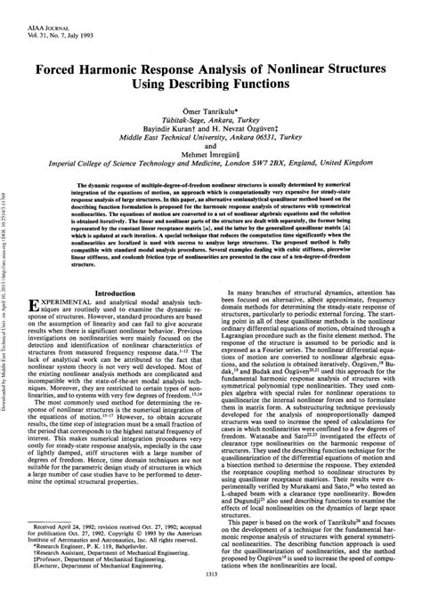 PDF Forced Harmonic Response Analysis Of Nonlinear Structures Using Describing Functions