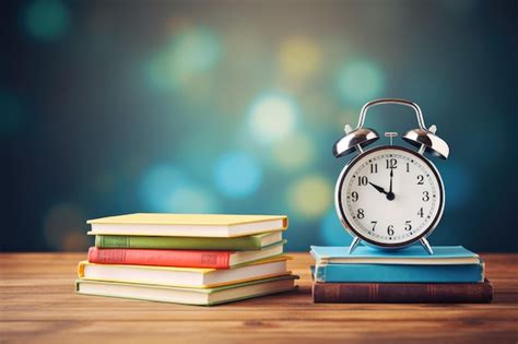 Premium Photo Alarm Clock And Stack Of Books On Wooden Table Back To