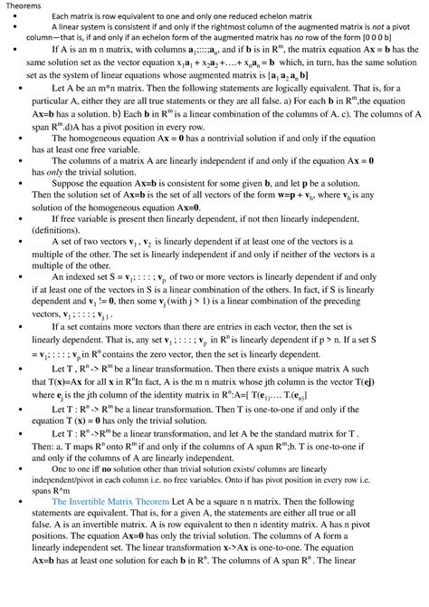 Cheatsheet 235 Exam1 Theorems Each Matrix Is Row Equivalent To One And Only One Reduced