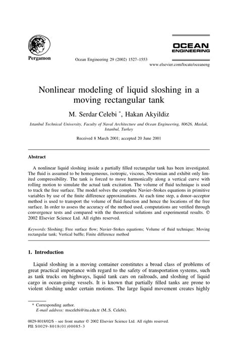Pdf Nonlinear Modeling Of Liquid Sloshing In A Moving Rectangular Tank