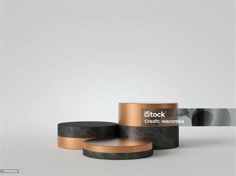 흰색 배경에 격리 된 금으로 장식 된 검은 대리석 받침대 단계의 3d 렌더링 복사 공간 3 실린더 추상적 인 최소한의 개념 간단한 깨끗한 디자인 프리미엄 미니멀 한 모형 0