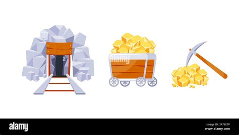 Mining Icon Set Gold Mine Tools Pile Of Valuable Minerals And Trolley Retro Tunnel Old Mine
