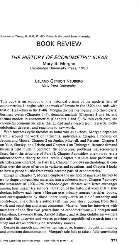 The History Of Econometric Ideas Mary S Morgan Cambridge University Press