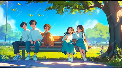 Anime Animation Of A Group Of People Sitting On A Bench Premium Ai