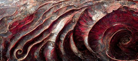 Fossilized Ammonite Sea Shell Spirals Embedded Into Dark Scarlet Red