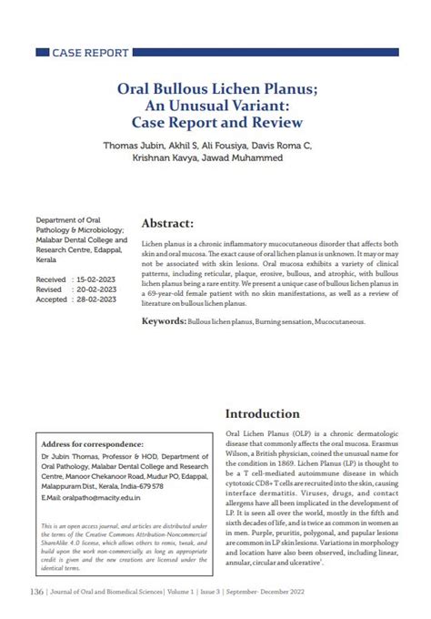 Oral Bullous Lichen Planus An Unusual Variant Case Report And Review Journal Of Oral