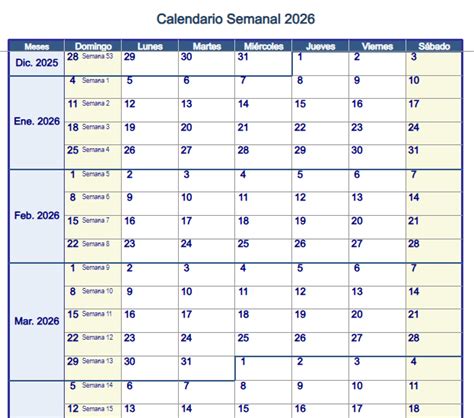 Plantilla Excel Calendario 2026