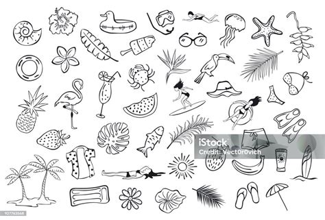 손으로 그린의 컬렉션 집합 설명 여름 항목 개체 스케치 한다면 플라밍고 곳 큰부리새 파인애플 수 박 서퍼 물고기 잎 손바닥 사람들이 수레 Clothers 여름에 대한 스톡