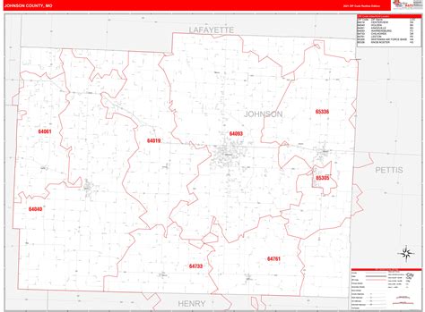 Johnson County Mo Zip Code Wall Map Red Line Style By Marketmaps