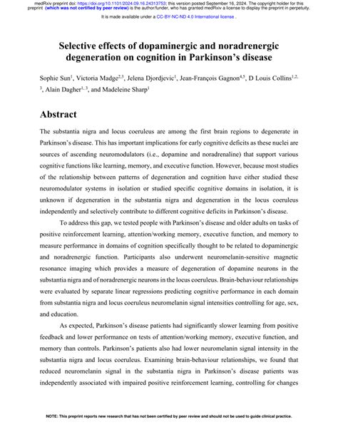 Pdf Selective Effects Of Dopaminergic And Noradrenergic Degeneration