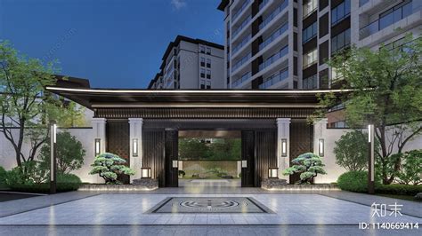 新中式住宅小区入口大门su模型下载【id1140669414】知末su模型网