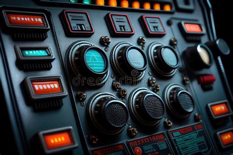 Close Up Of Futuristic Control Panel With Buttons And Dials Operating The Spaceship Stock