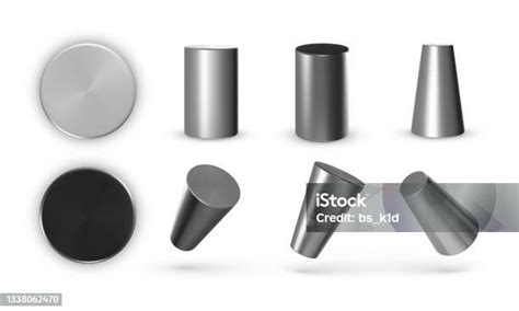 흰색 배경에 격리된 금속 기하학적 원통 집합입니다 사실적 형상 요소 3d 기하학적 모양 객체 디자인에 대한 장식 그림을 렌더링합니다 벡터 일러스트레이션 강단에 대한 스톡