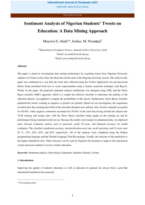 Pdf Sentiment Analysis Of Nigerian Students Tweets On Education A