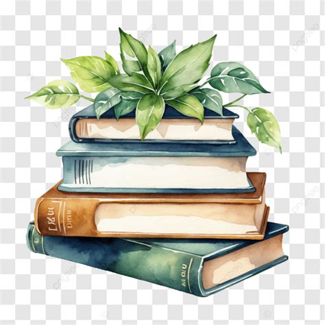 흰색 배경의 상단 클립아트 위에 식물이 쌓여 있는 책의 수채화 그림 흰색 배경의 상단 클립아트 위에 식물이 쌓여 있는 책의 수채화 그림 쌓인 책과 위에 식물이 있는