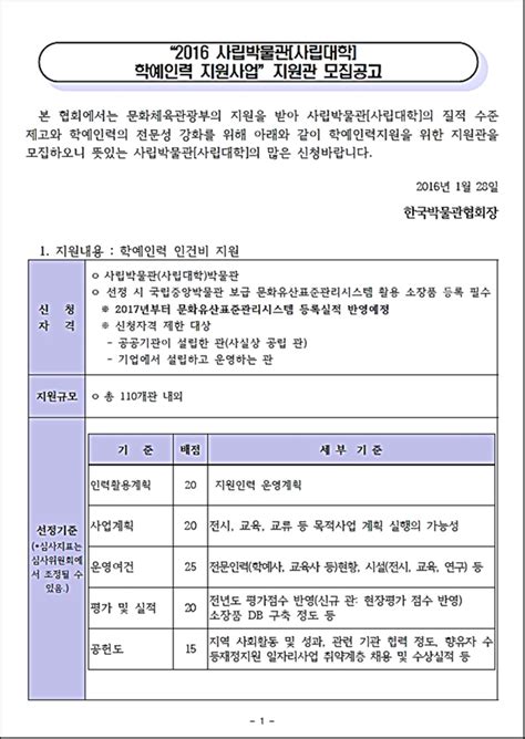 사서울특별시박물관협의회 공지사항 한국박물관협회 2016 사립박물관사립대학 학예인력지원 사업 지원관 모집 공고
