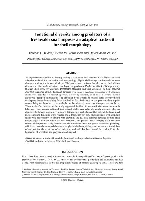 Pdf Functional Diversity Among Predators Of A Freshwater Snail Imposes An Adaptive Trade Off