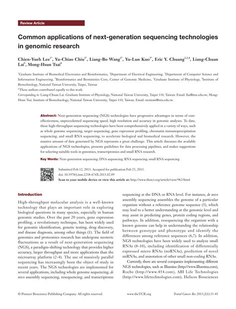 Pdf Common Applications Of Next Generation Sequencing Technologies In Genomic Research