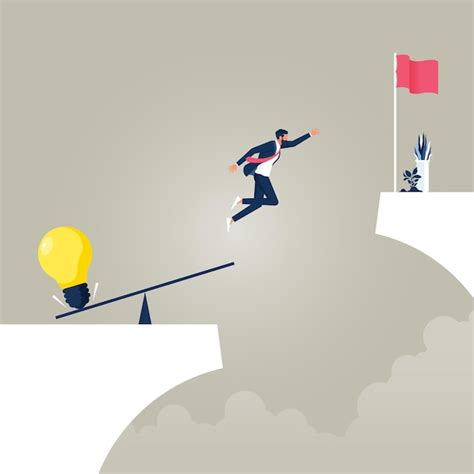 Premium Vector Businessman Use Lightbulb Idea Help Jumping Over Gap Creative Solution To Goal