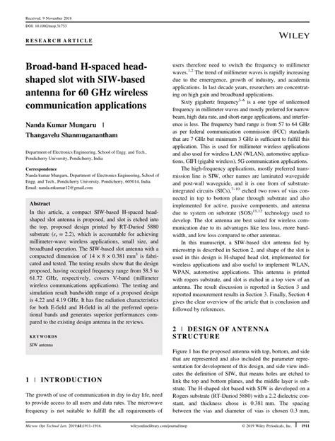 Broad‐band H‐spaced Head‐shaped Slot With Siw‐based Antenna For 60 Ghz Wireless Communication