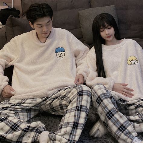 허니나이트 큐티커플 양털 체크 바지 빅사이즈 수면 잠옷 세트 위시버킷