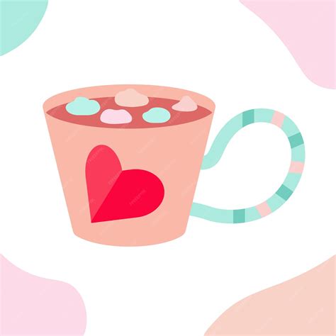 파스텔 그린과 핑크 색상의 마시멜로가 있는 뜨거운 커피 또는 차 컵의 벡터 그림 프리미엄 벡터