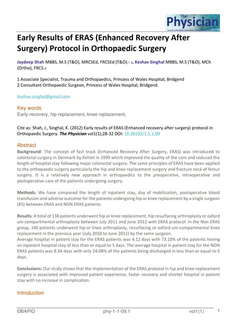 Pdf Early Results Of Eras Enhanced Recovery After Surgery Protocol In Orthopaedic Surgery