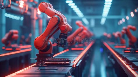 A Modern Factory Scene With Multiple Robotic Arms Assembling Products Efficiency And Precision