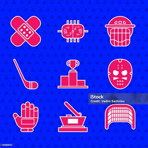 스포츠 우승자 시상대 아이스하키 컵 챔피언 골 마스크 장갑 스틱 헬멧 교차붕대 석고 아이콘 위에 하키를 설정합니다 벡터 건강관리와 의술에 대한 스톡 벡터 아트 및 기타