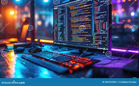 A Computer Monitor Sitting On Top Of A Desk Colorful Code On Computer