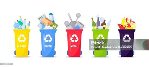 폐기물 수거 분리 및 재활용 쓰레기는 다른 유형으로 분리하고 폐기물 용기로 수집 다른 재료에 대한 각 쓰레기통 금속에 대한 스톡 벡터 아트 및 기타 이미지 Istock