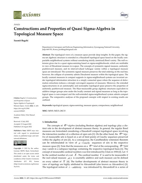 Pdf Constructions And Properties Of Quasi Sigma Algebra In Topological Measure Space