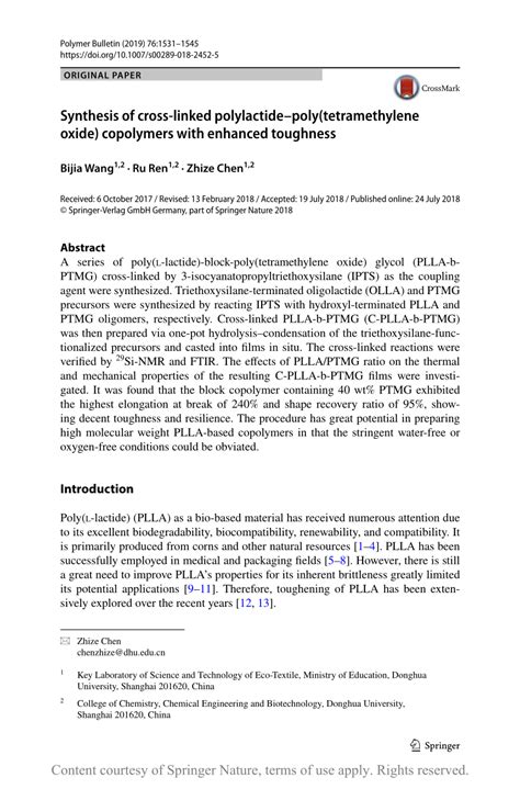 Synthesis Of Cross Linked Polylactidepolytetramethylene Oxide