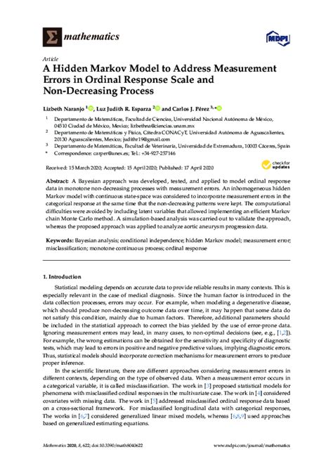 Pdf A Hidden Markov Model To Address Measurement Errors In Ordinal