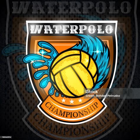 방패의 중심에 물 튀김과 바람 흔적 사이의 수구 공 모든 팀 또는 대회를 위한 칠판의 벡터 스포츠 라벨 수구에 대한 스톡 벡터