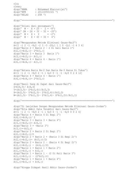 Matlab Penyelesaian Gauss Naif And Gauss Jordan Pdf