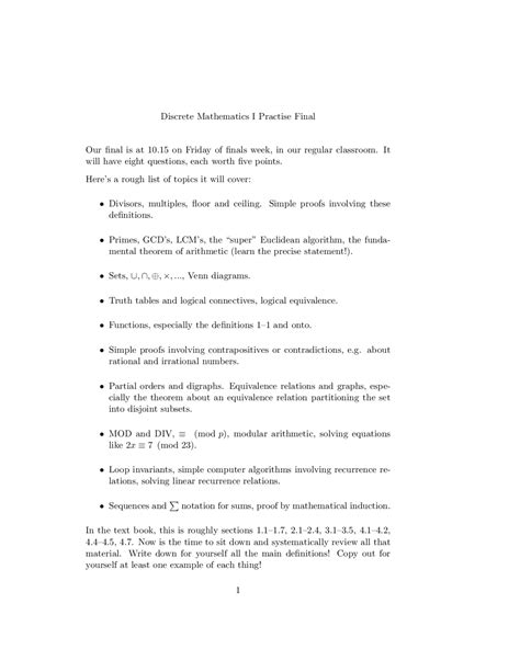 Practice Final Exam Questions Elementary Discrete Mathematics 1 Math 231 Docsity