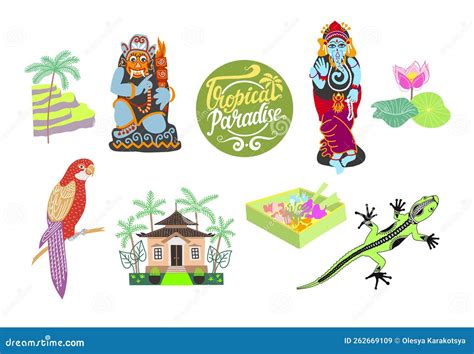 Set Of Bali Indonesia Traditional Symbols Element Balinese Flat Design Style Vector