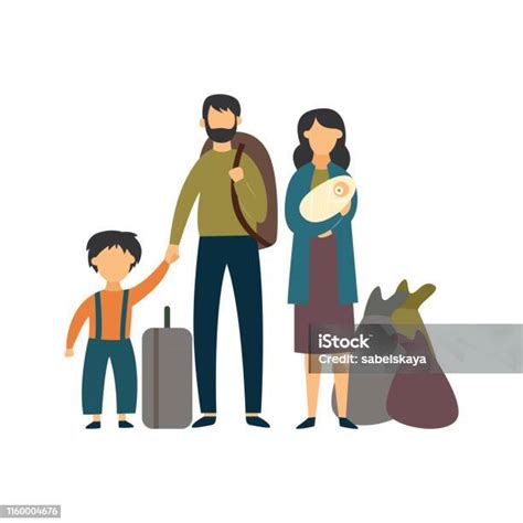 노숙자 가난한 또는 무국적 난민 가족 평면 벡터 그림 격리 난민에 대한 스톡 벡터 아트 및 기타 이미지 난민 이민자 빈곤 Istock