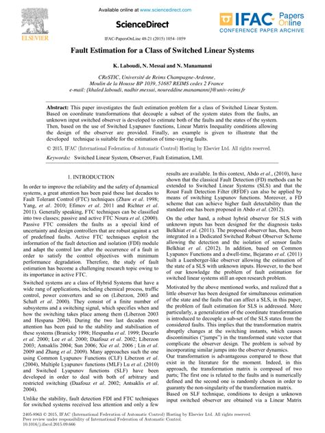 Pdf Fault Estimation For A Class Of Switched Linear Systems