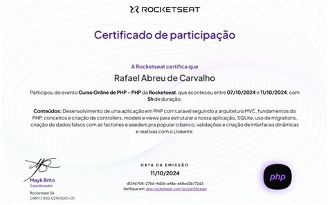 Recebi Uma Nova Certificação Curso Online De Php Com O Framework